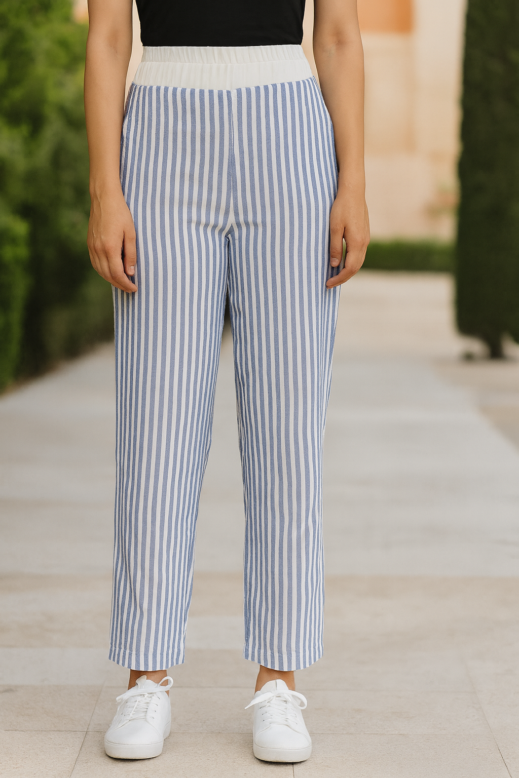 PANTALÓN DAMA RAYAS AZUL Y BLANCO CON PRETINA ELÁSTICA – ZIZI